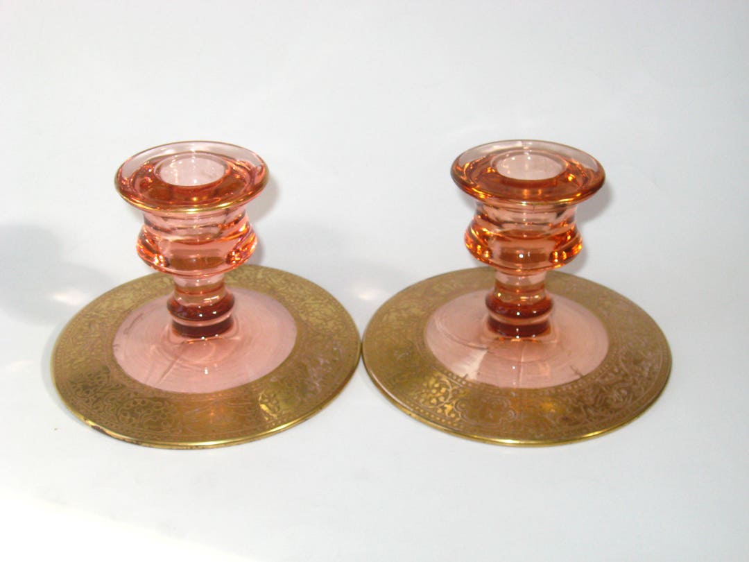 Cambridge Glass Peach Blo Pink Pair Candlesticks W/ Gold Fleur De Lys ...