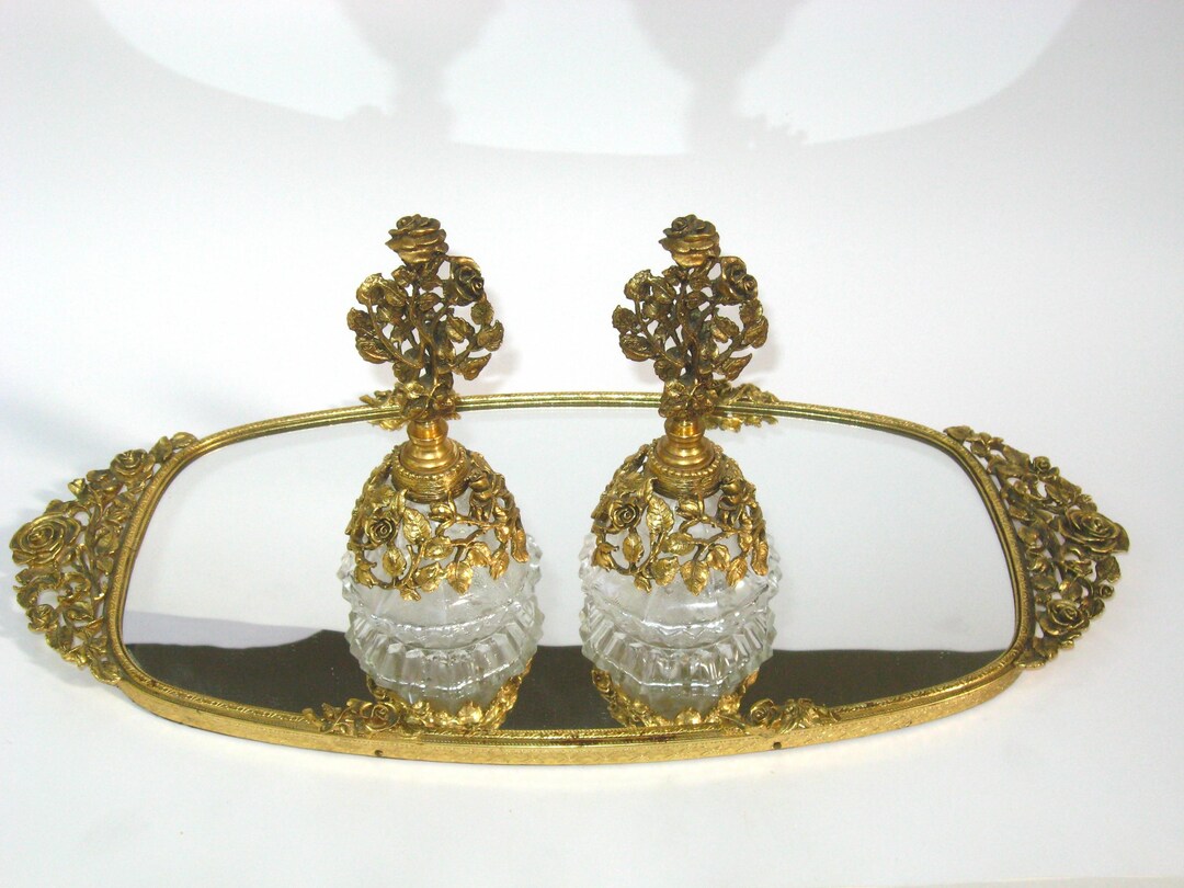 Pair MATSON ROSES SIGNED 24K Gold Plated Filigree Perfume Bottles W ...