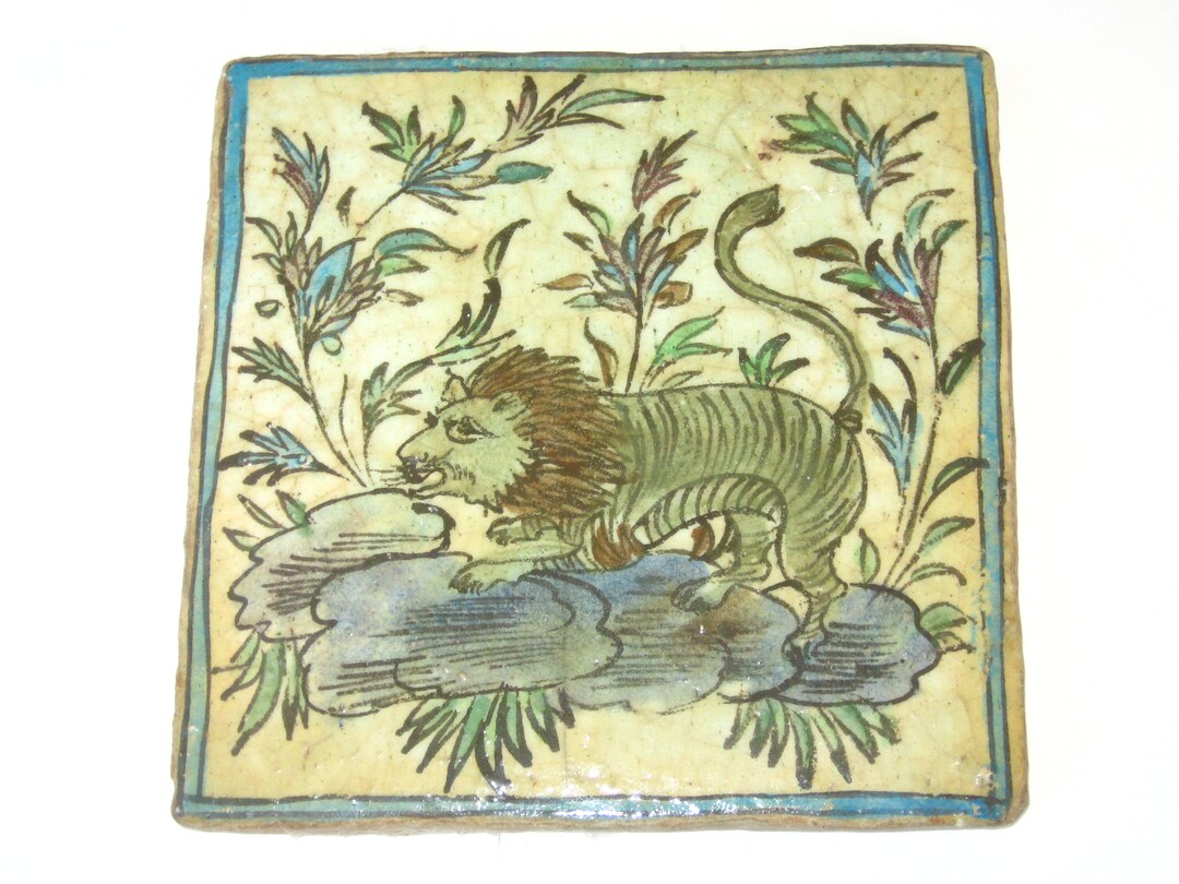 Antique Persian Qajar Iznik Lion / Tiger Architectural Square 9.5" Tile ...