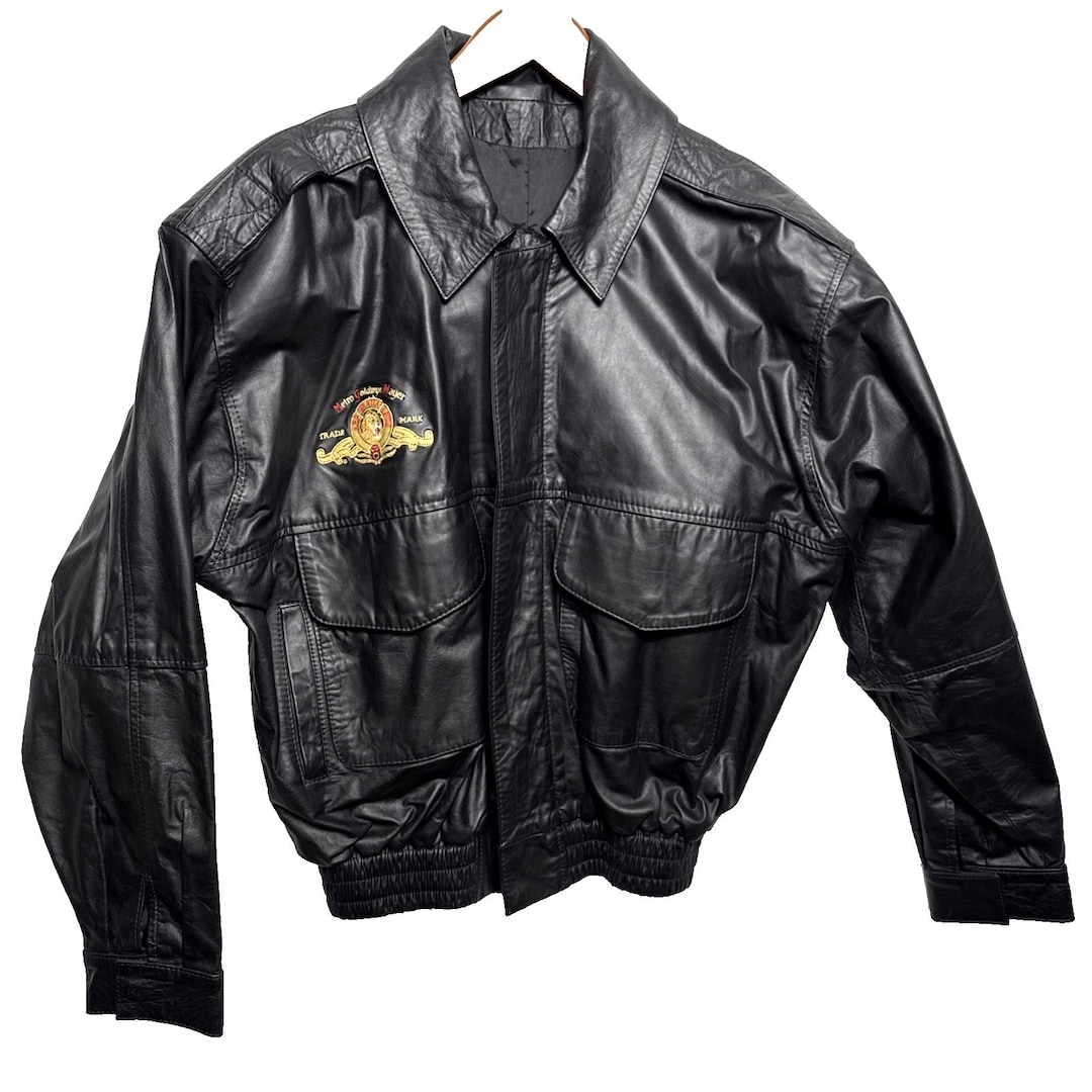Vintage MGM Movie Studios Black Leather Bomber Jacket Mens Size XL Film ...