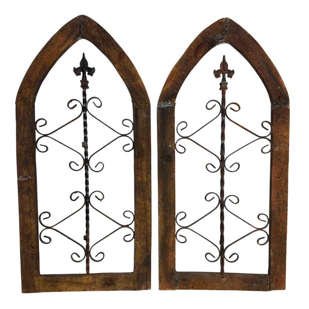 Two Antique Church Windows Iron Wood Fleur De Lis Ornate French 34 ...