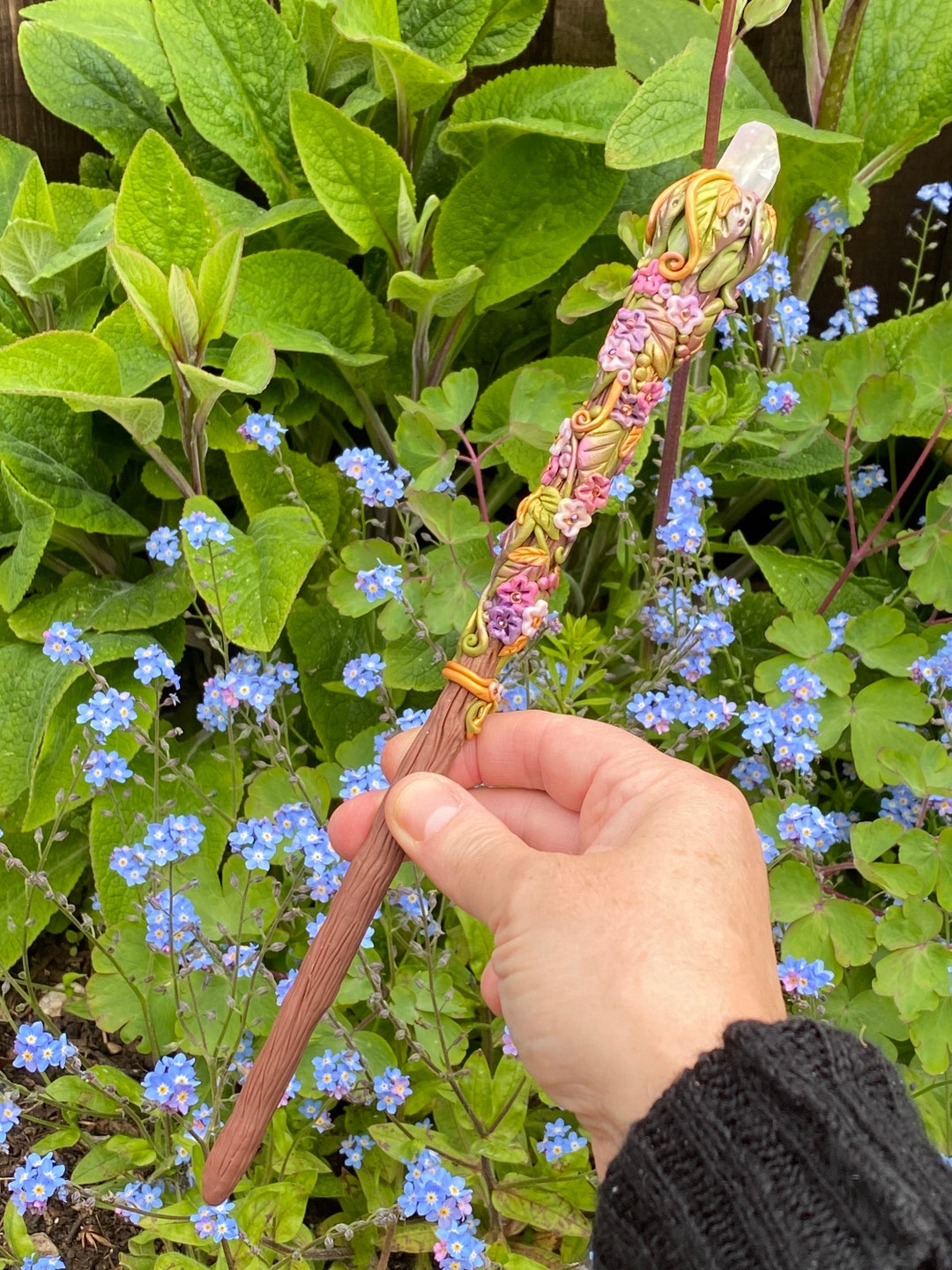 Polymer Clay Wood Effect Wand: White Quartz Crystal Tip, Costume Prop ...