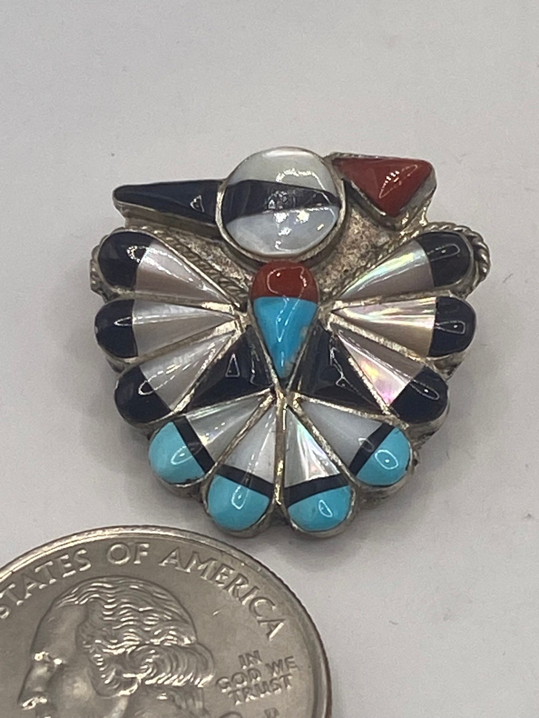 Handmade Zuni Pendant Pin, Zuni Inlay, Coral, Mother of Pearl, Multi ...