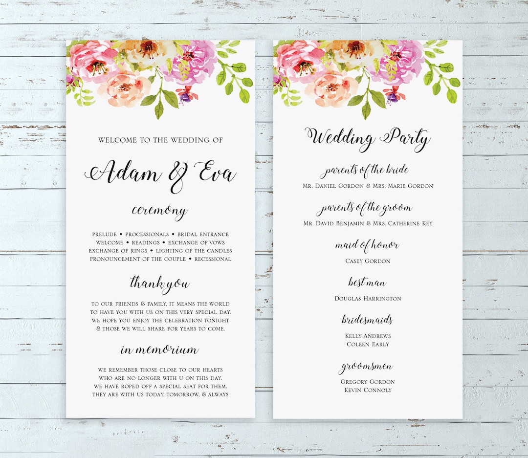 Watercolor Floral Wedding Program - (elegant, Romantic, Rustic, Boho ...