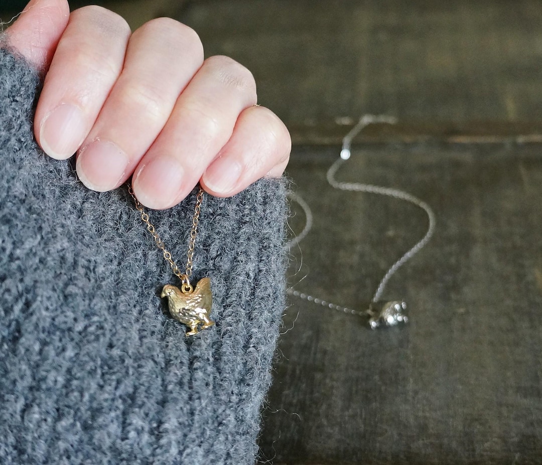 Chicken Necklace // Fluffy Hen Pendant on a Cable Chain, Gold or Silver ...