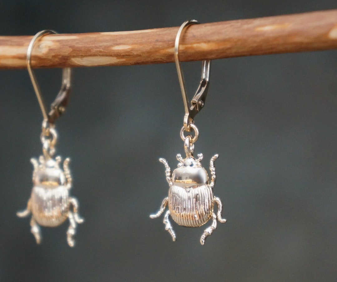 Gold Scarab Leverback Earrings, Realistic 3D Beetles on Hypoallergenic ...