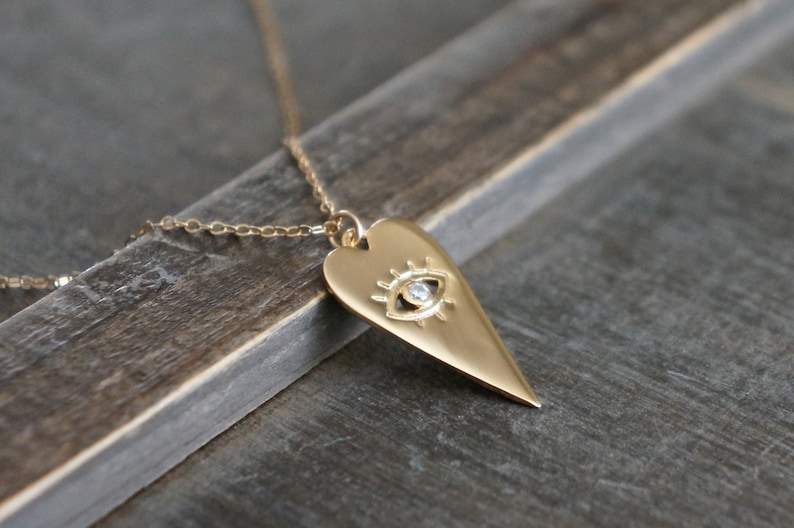 Third Eye Heart Necklace // Gold & Cubic Zirconia Pendant on a 14k Gold ...