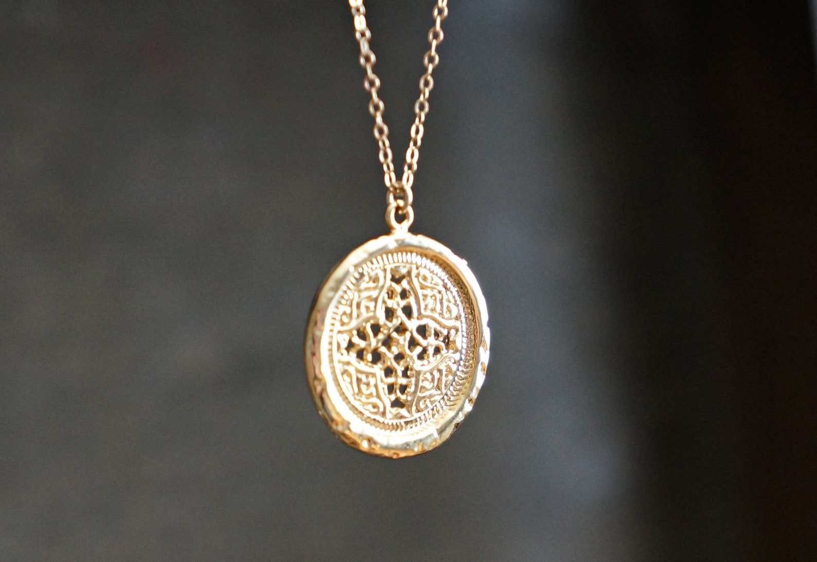 Gold Filigree Medallion Necklace // Detailed Disc Pendant on a | Etsy