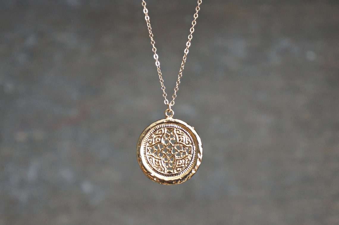 Gold Filigree Medallion Necklace // Detailed Disc Pendant on a | Etsy