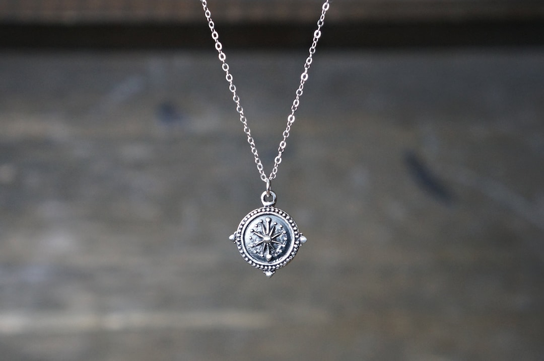 Compass Necklace // Oxidized Sterling Silver Compass Pendant on a ...