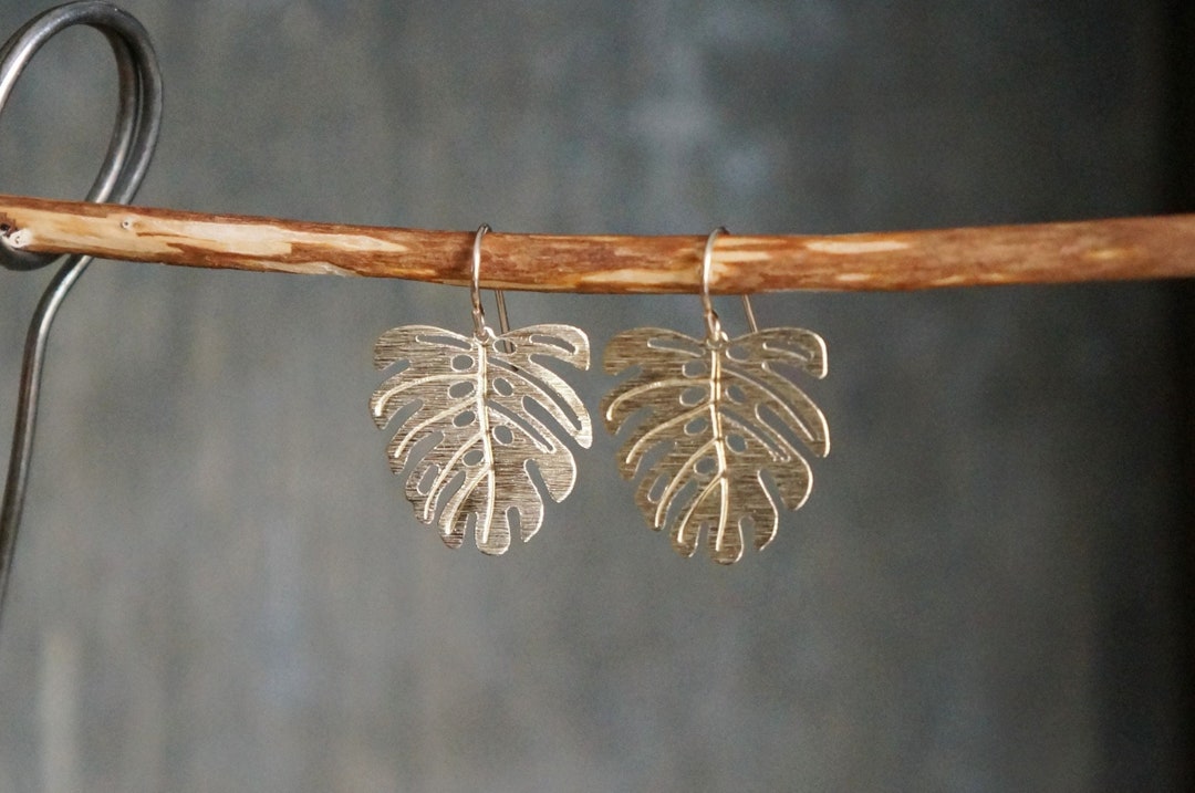 Monstera Earrings // Brushed Brass Monstera Leaves on Hypoallergenic ...