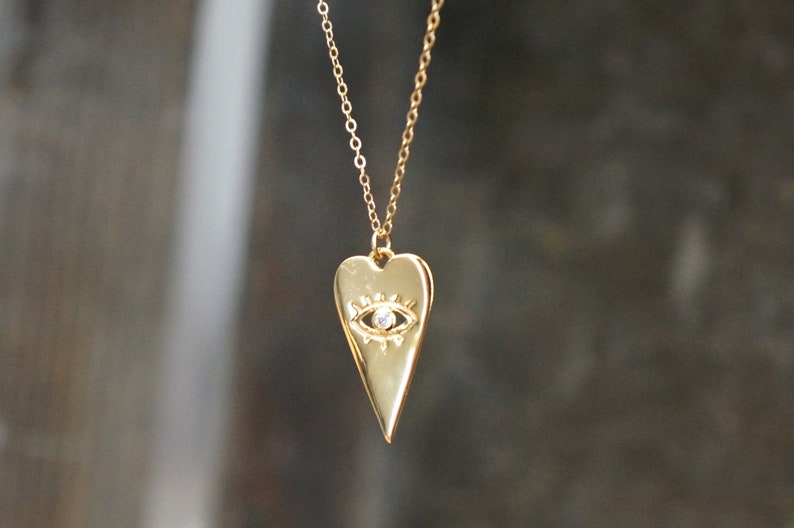 Third Eye Heart Necklace // Gold & Cubic Zirconia Pendant on a 14k Gold ...