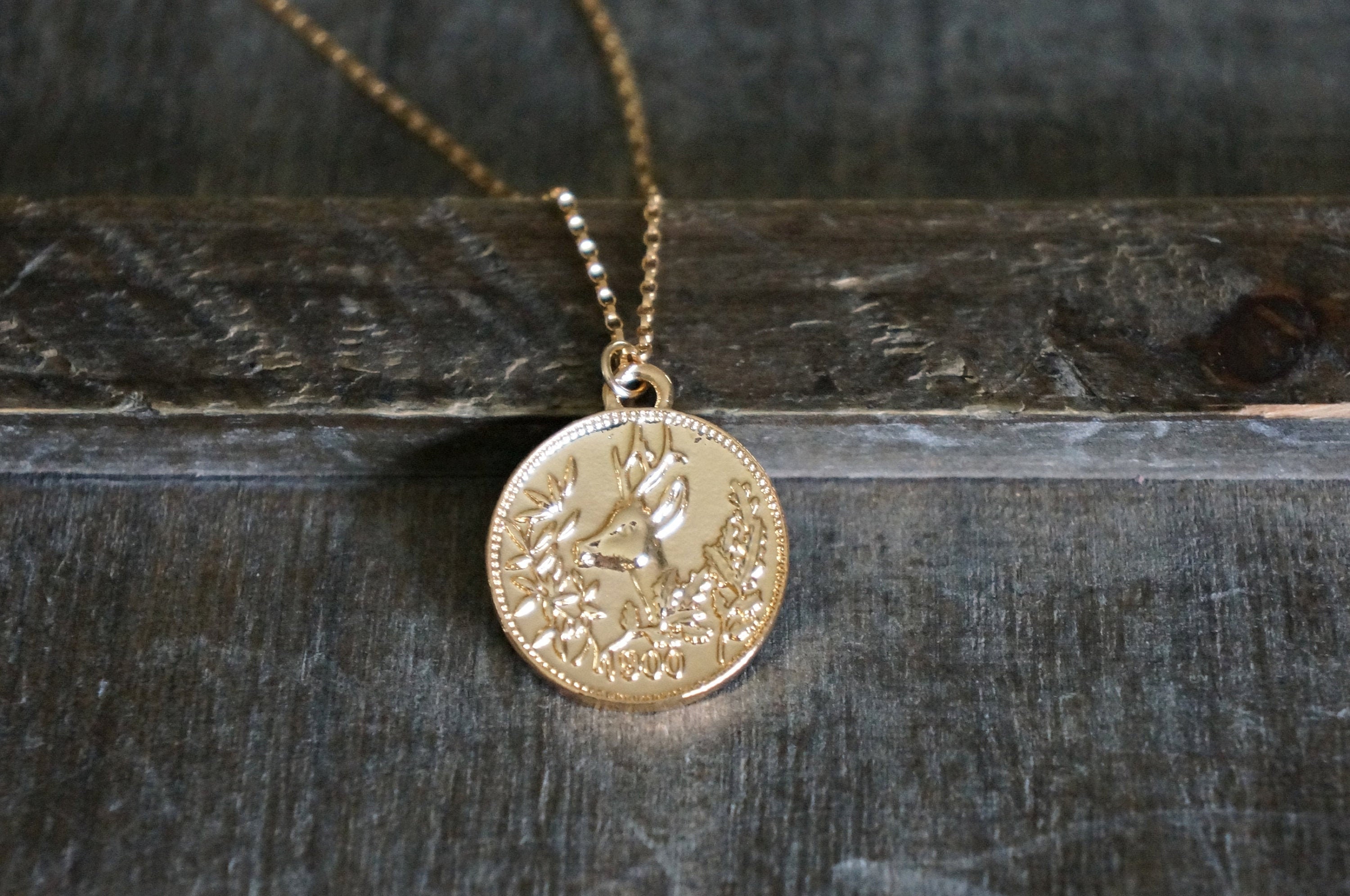 Deer Medallion Necklace / Dainty Gold Stag Coin on a 14k Gold | Etsy
