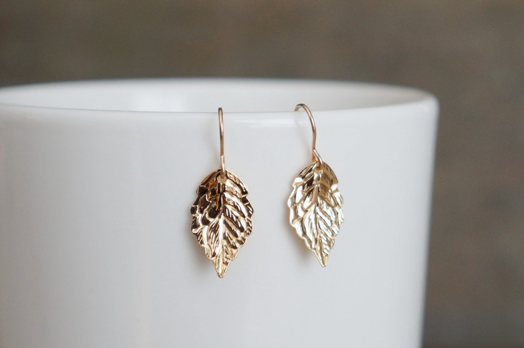 Dainty Gold Leaf Earrings // Realistic Leaves on Hypoallergenic 14k ...