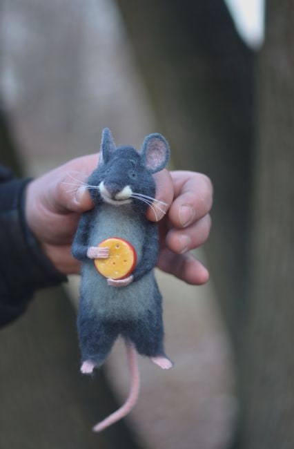 Needle Felted Gray Rat With Cheese, Handmade Wool Collectible, Felted ...