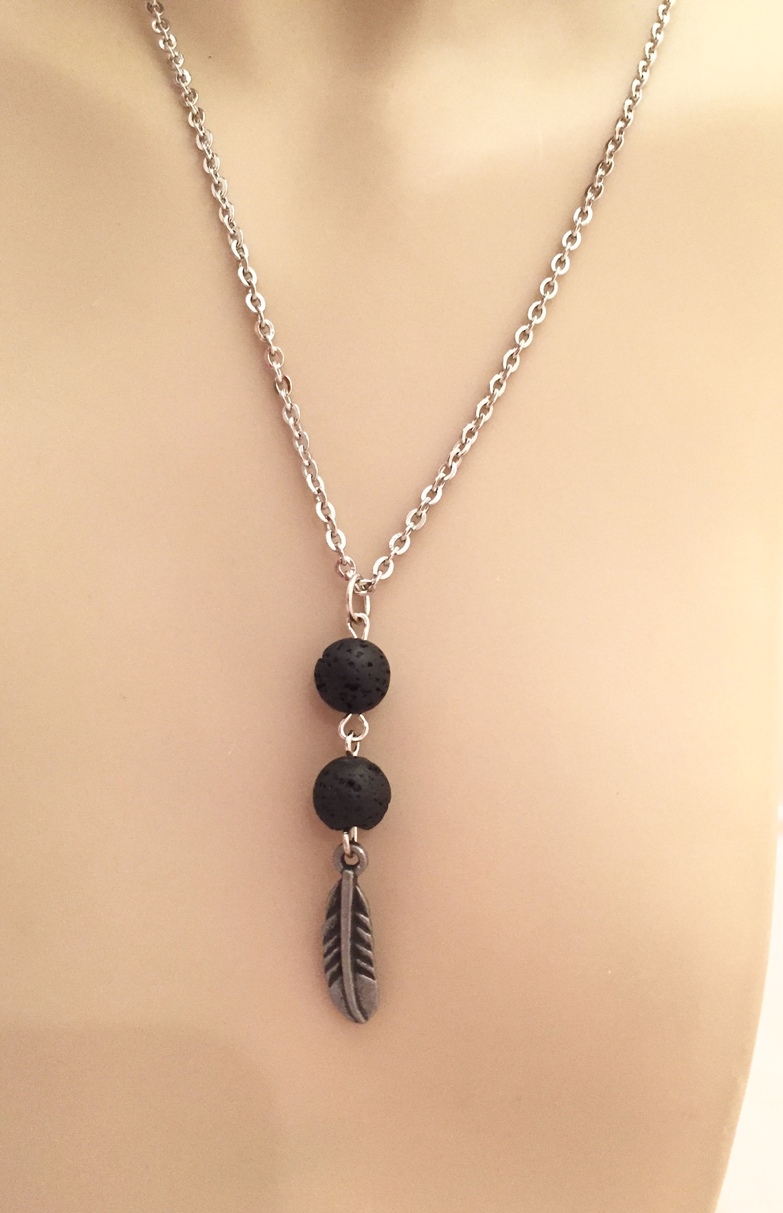 Lava Stone Necklace Feather Necklace Boho Necklace Bohemian - Etsy