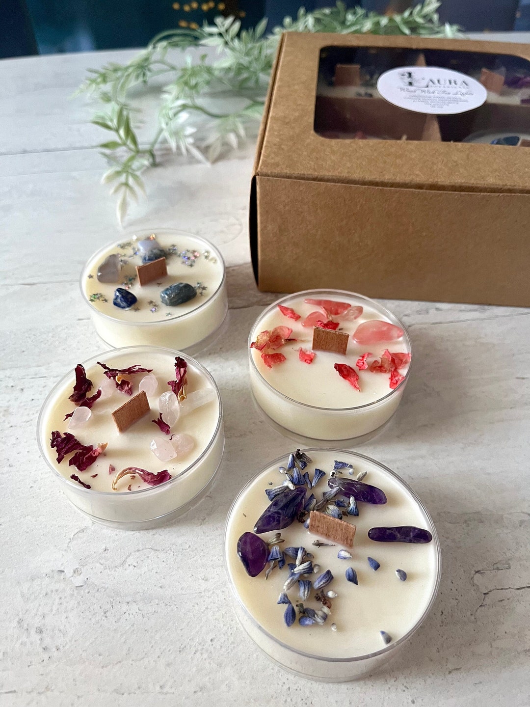 Soy Wood Wick Aromatherapy Jumbo Tea Light Candles Set of 4 Botanical Crystal Soy Wax Tealights ...