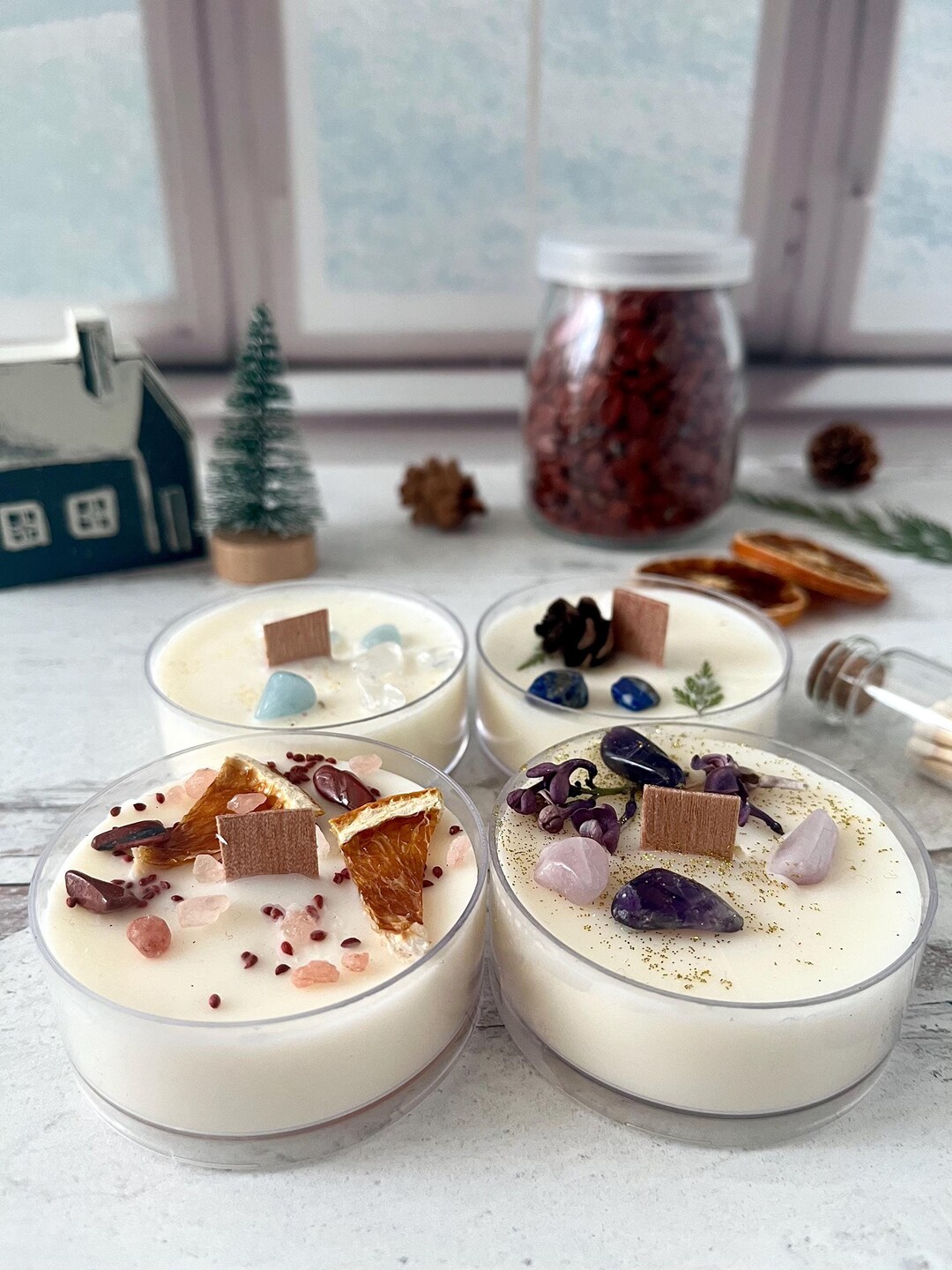 Soy Wood Wick Aromatherapy Jumbo Tea Light Candles Set of 4 Cozy Winter Botanical Crystal Soy ...