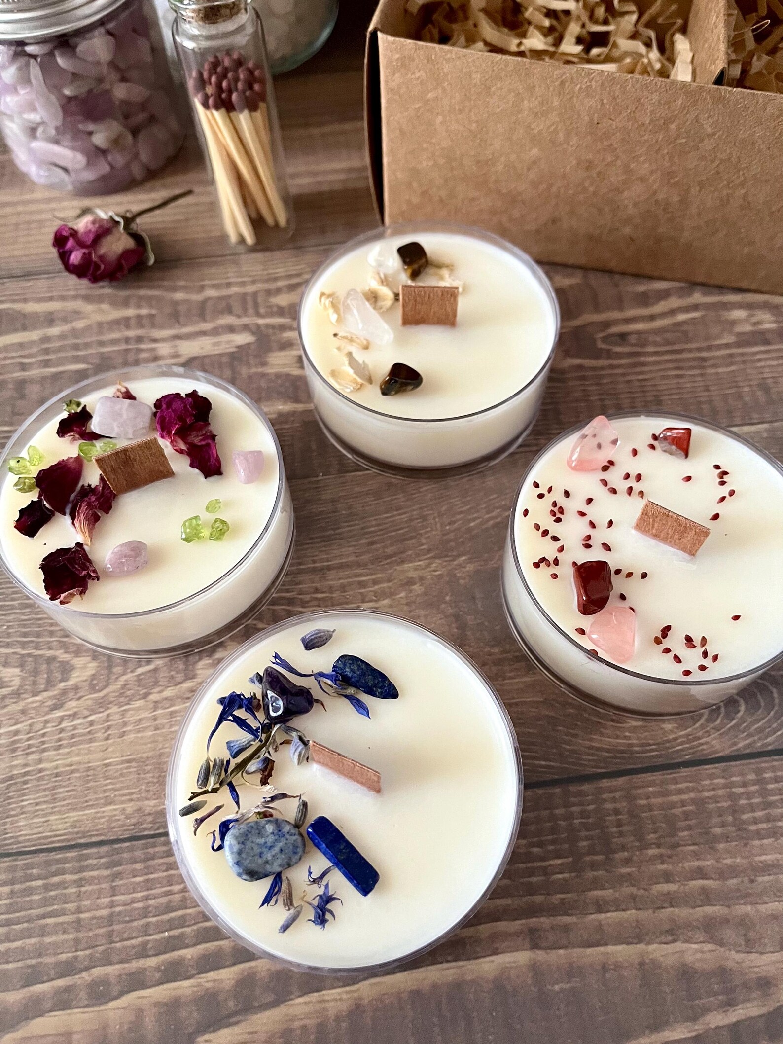 Soy Wood Wick Aromatherapy Jumbo Tea Light Candles Set of 4 Cozy Fall Botanical Crystal Soy Wax ...