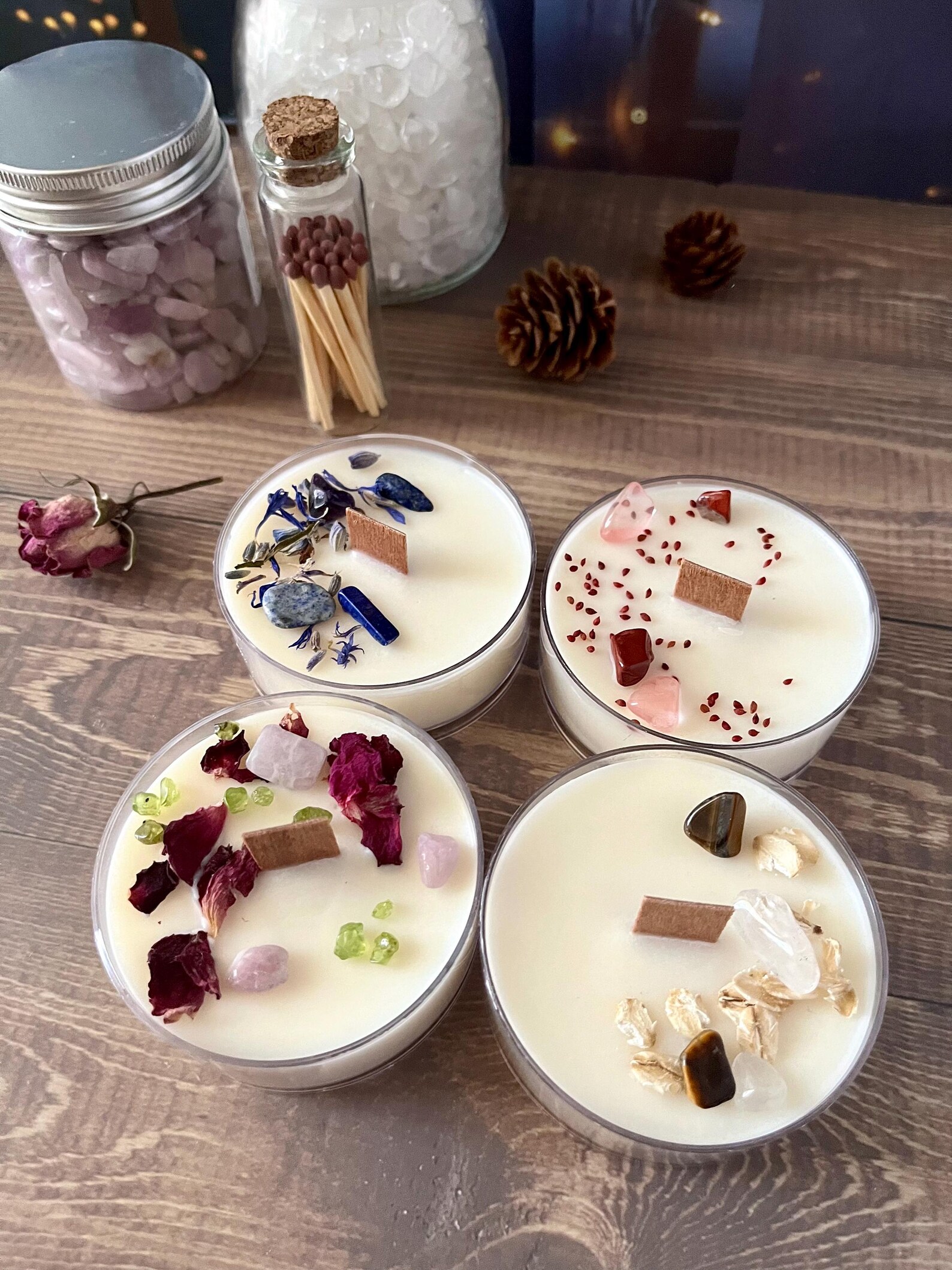 Soy Wood Wick Aromatherapy Jumbo Tea Light Candles Set of 4 Cozy Fall Botanical Crystal Soy Wax ...