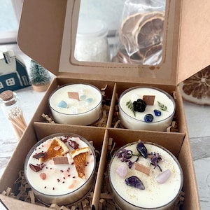 Soy Wood Wick Aromatherapy Jumbo Tea Light Candles Set of 4 Cozy Winter Botanical Crystal Soy ...