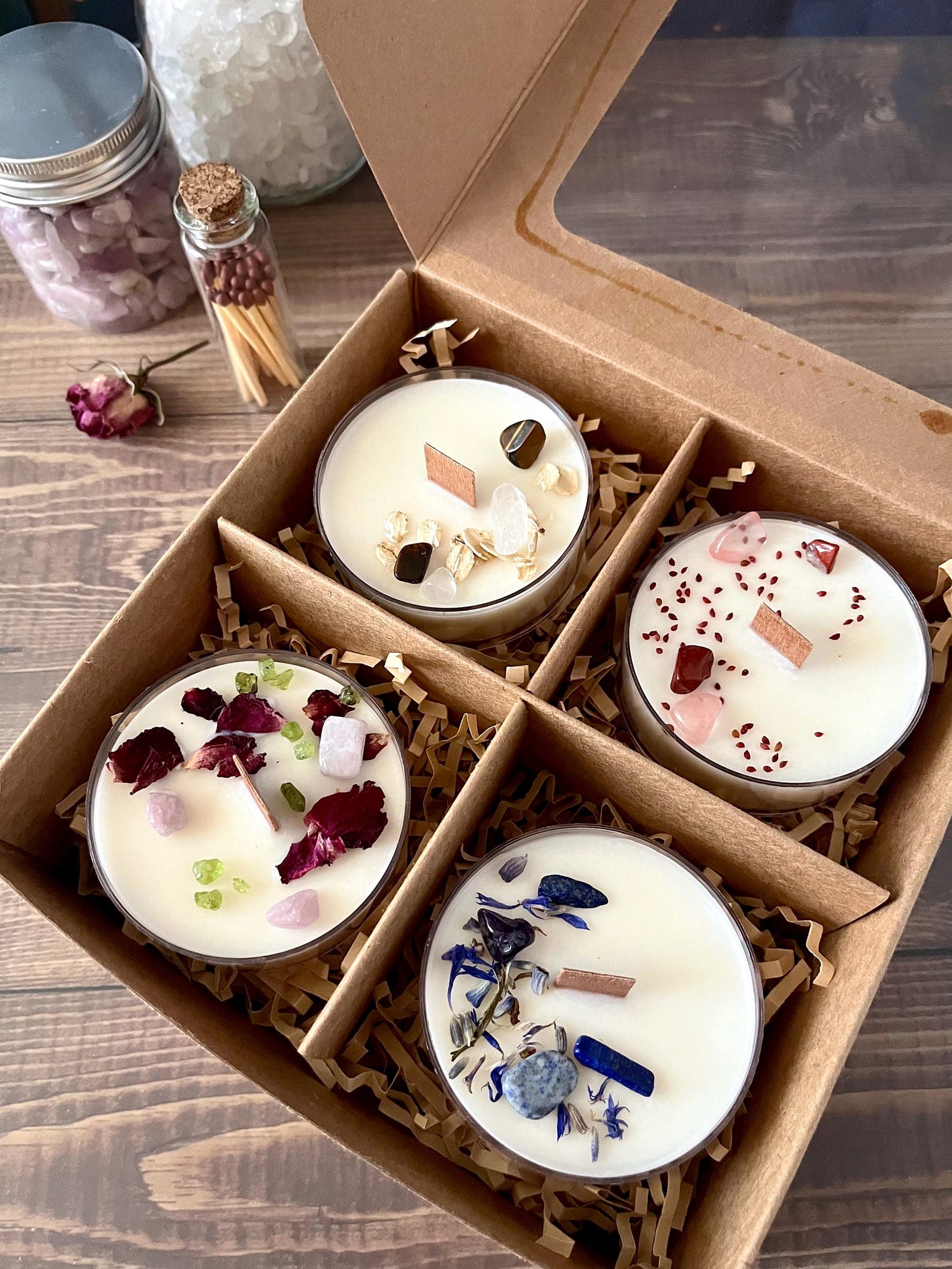 Soy Wood Wick Aromatherapy Jumbo Tea Light Candles Set of 4 Cozy Fall Botanical Crystal Soy Wax ...