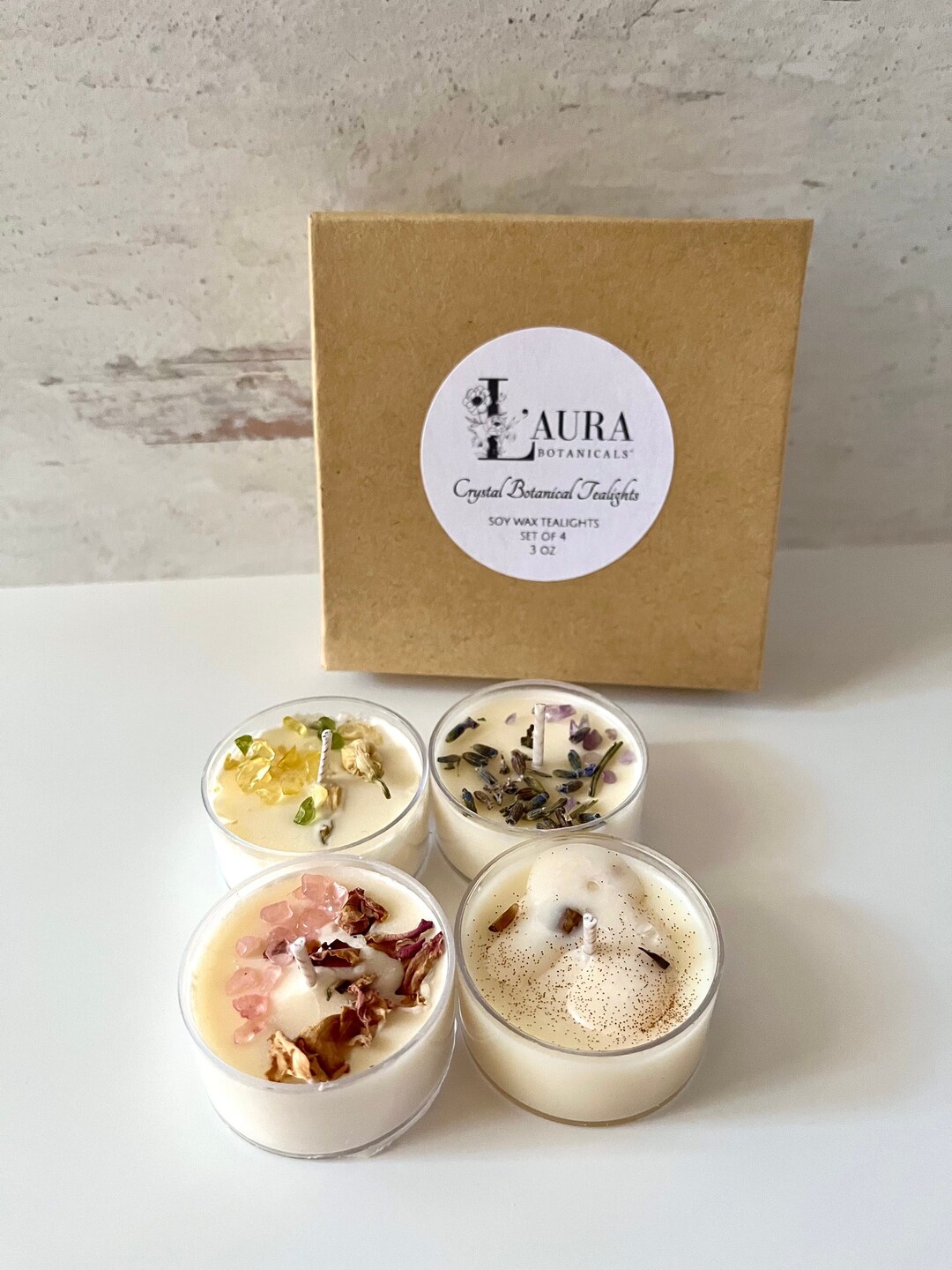 Botanical Crystal Soy Tea Light Candles Set of 4 Self-care Ritual Unique Tea Lights Aromatherapy ...