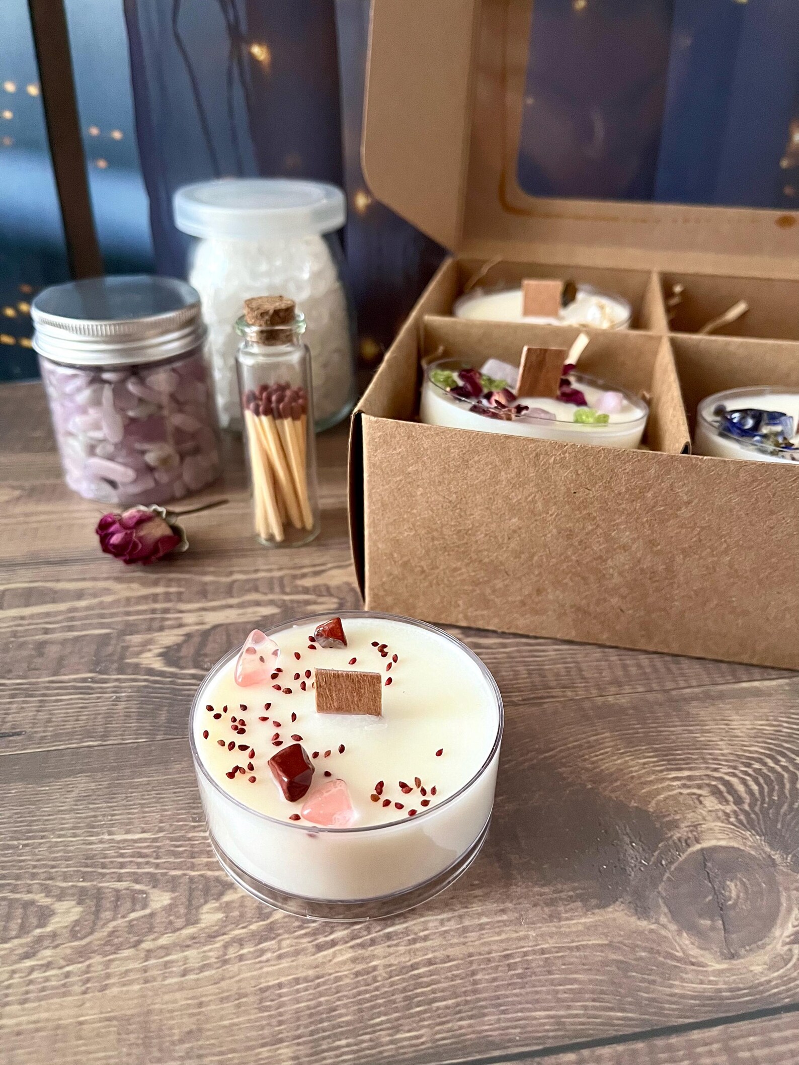 Soy Wood Wick Aromatherapy Jumbo Tea Light Candles Set of 4 Cozy Fall Botanical Crystal Soy Wax ...