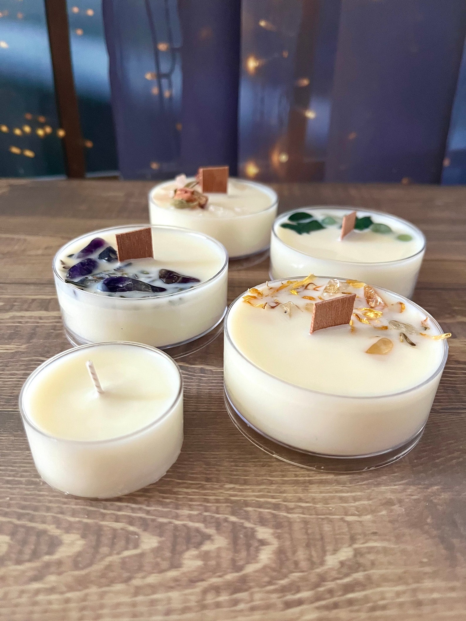 Soy Wood Wick Aromatherapy Jumbo Tea Light Candles Set of 4 Cozy Fall Botanical Crystal Soy Wax ...