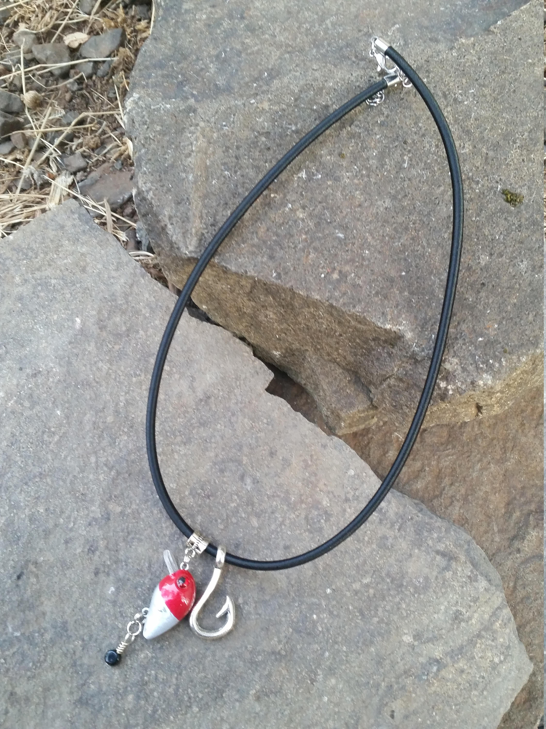 Fishing Lure Necklace With Fish Hook and Bead Accent....red and Silver ...