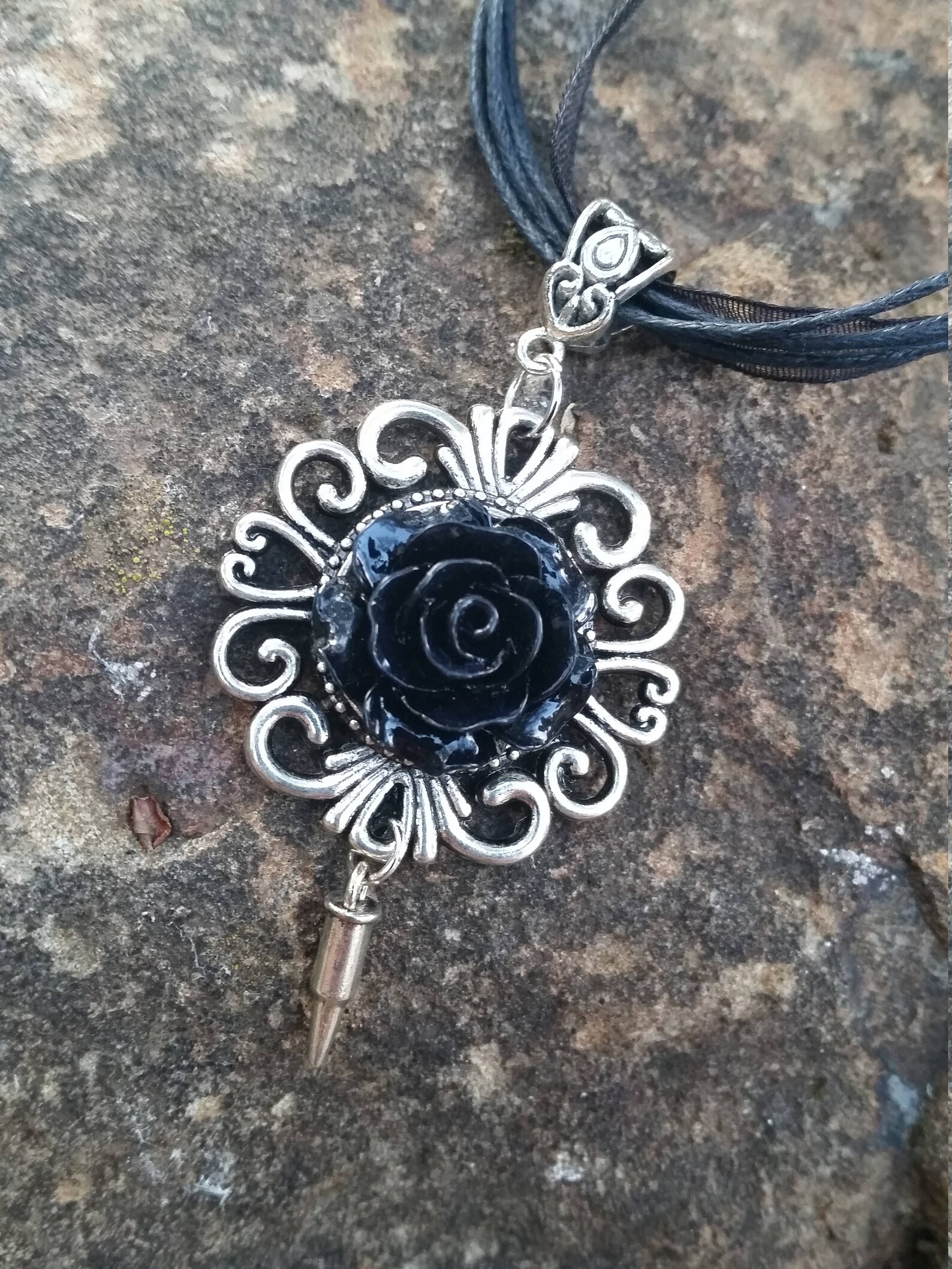 Necklace With Black Rose and Bullet Charm ... Gun / Shooting - Etsy