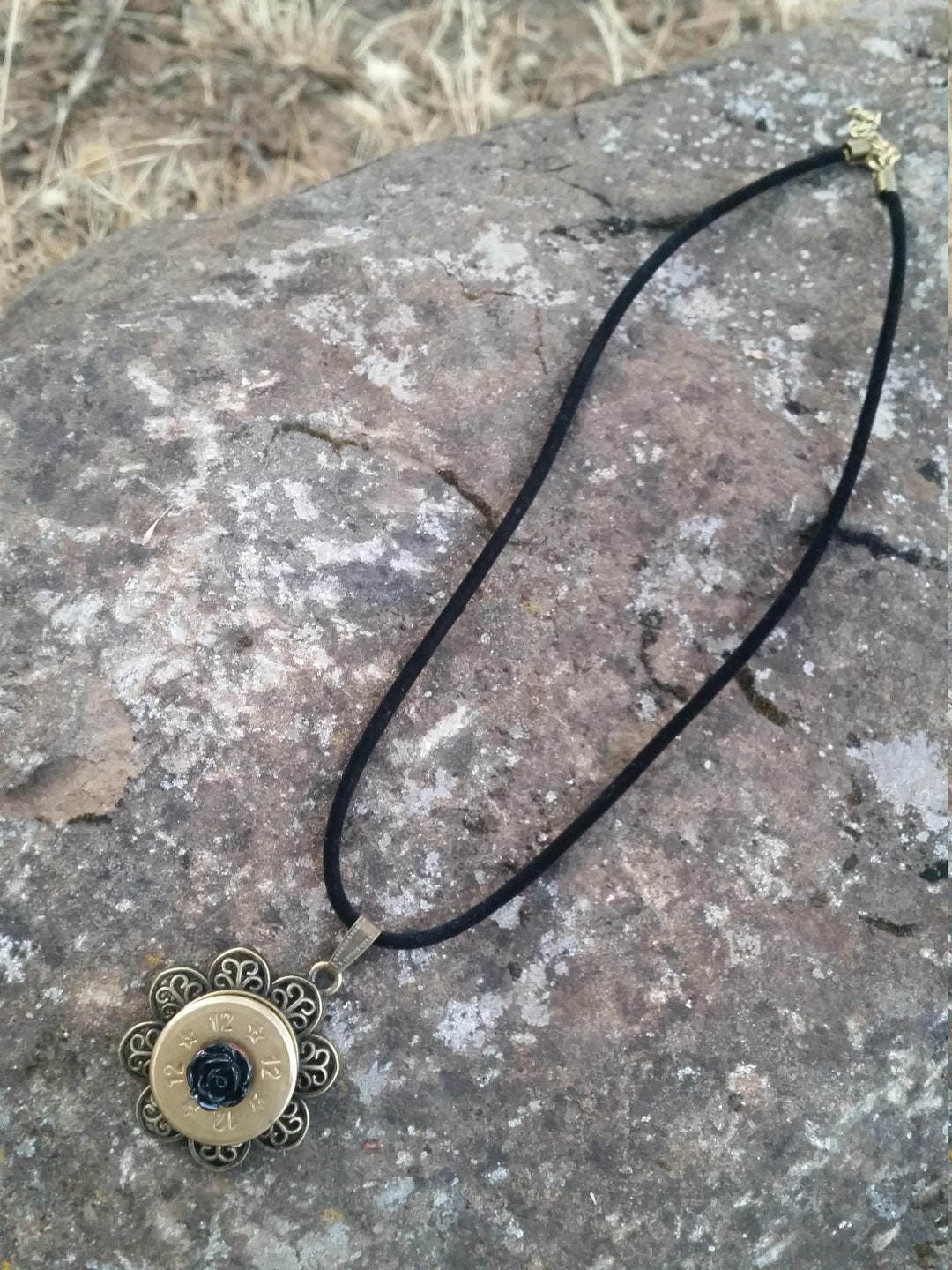 Shotgun Shell Necklace With Black Rose .... Gun / Shooting - Etsy