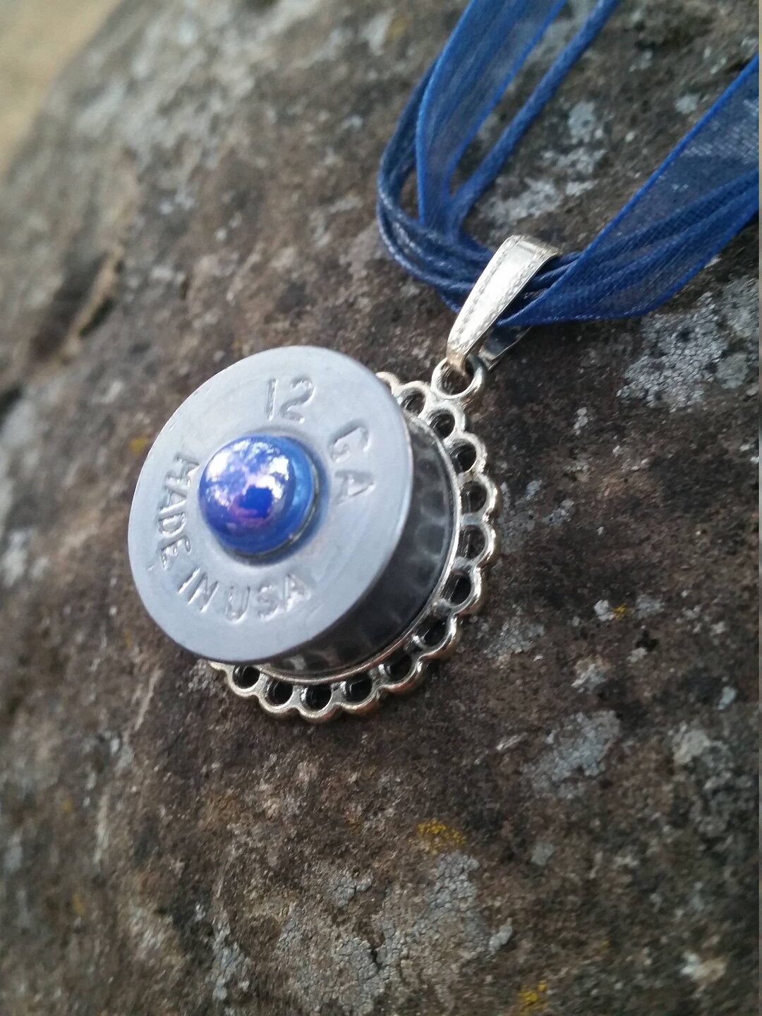 Shotgun Shell Necklace With Blue Pearl .... Gun / Shooting Jewelry ...