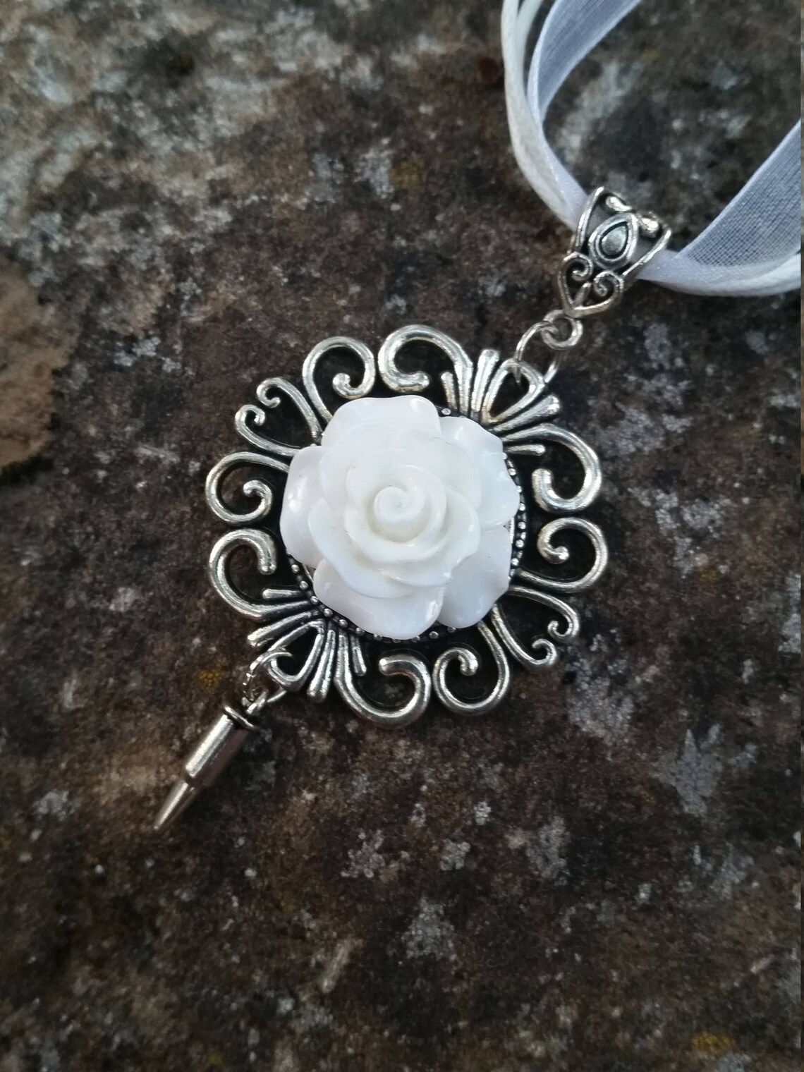 Necklace With White Rose and Bullet Charm ... Gun / Shooting Jewelry - Etsy