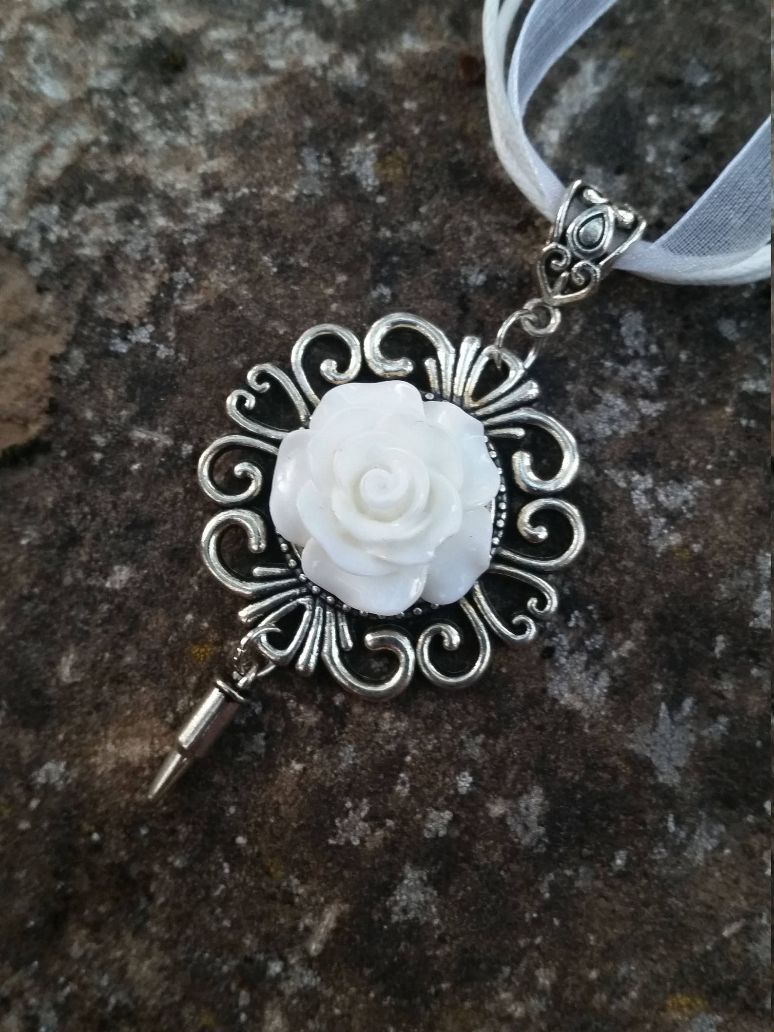 Necklace With White Rose and Bullet Charm ... Gun / Shooting Jewelry - Etsy
