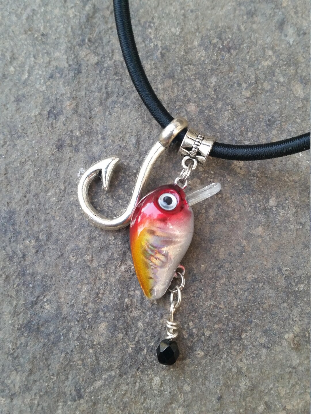 Fishing Lure Necklace With Fish Hook and Bead Accent....dark Red and ...