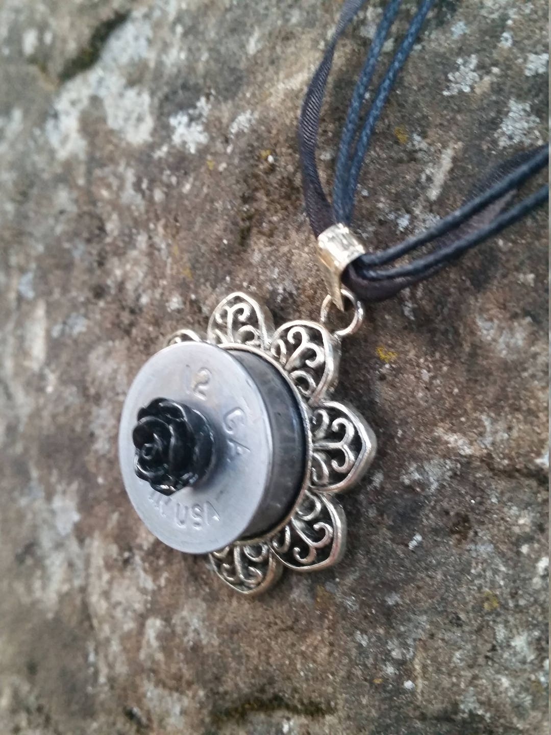 Shotgun Shell Necklace With Black Rose .... Gun / Shooting Jewelry ...