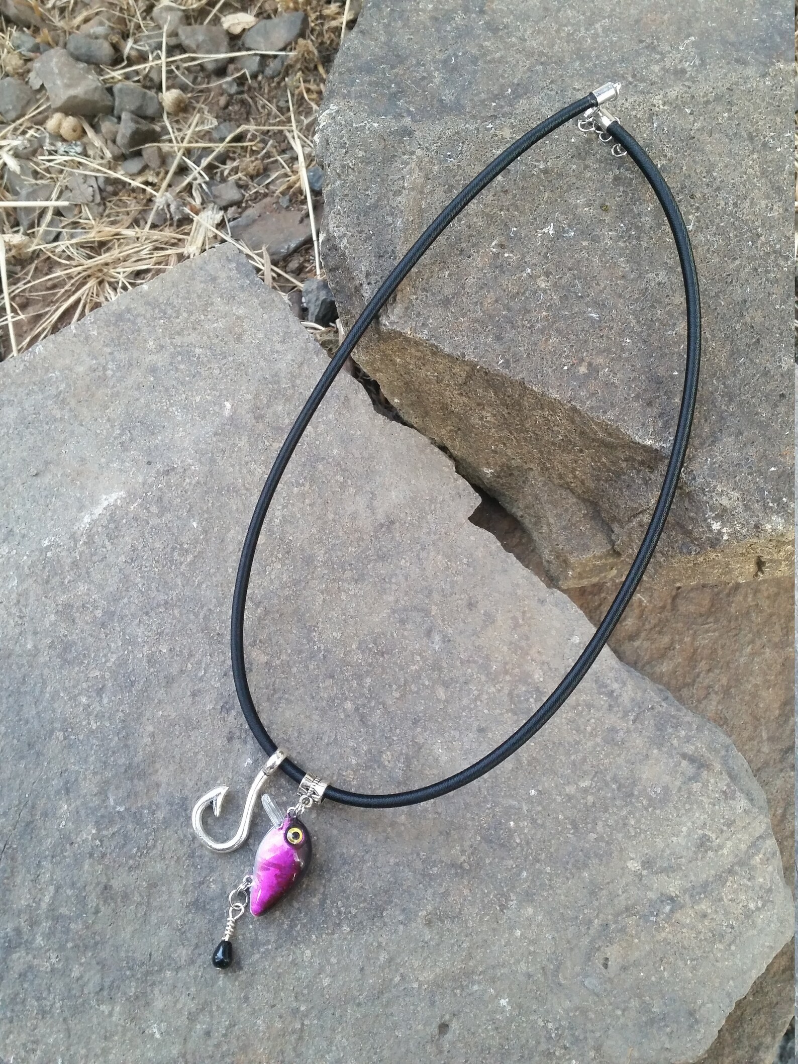 Fishing Lure Necklace With Fish Hook and Bead Accent....purple ...