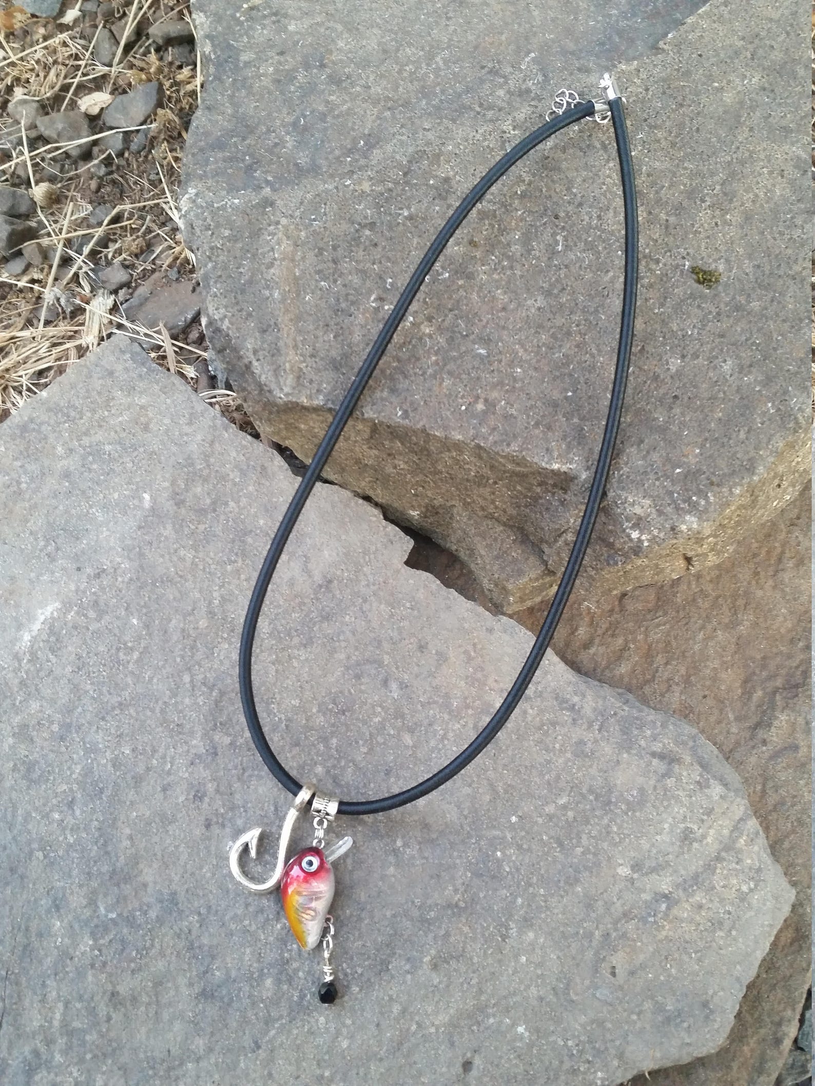 Fishing Lure Necklace With Fish Hook and Bead Accent....dark Red and ...