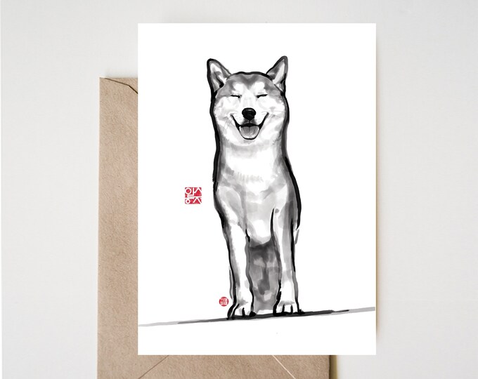 Happy Shiba Inu Card, Sumi-e Painting Ink Illustration Cozy Cute ...