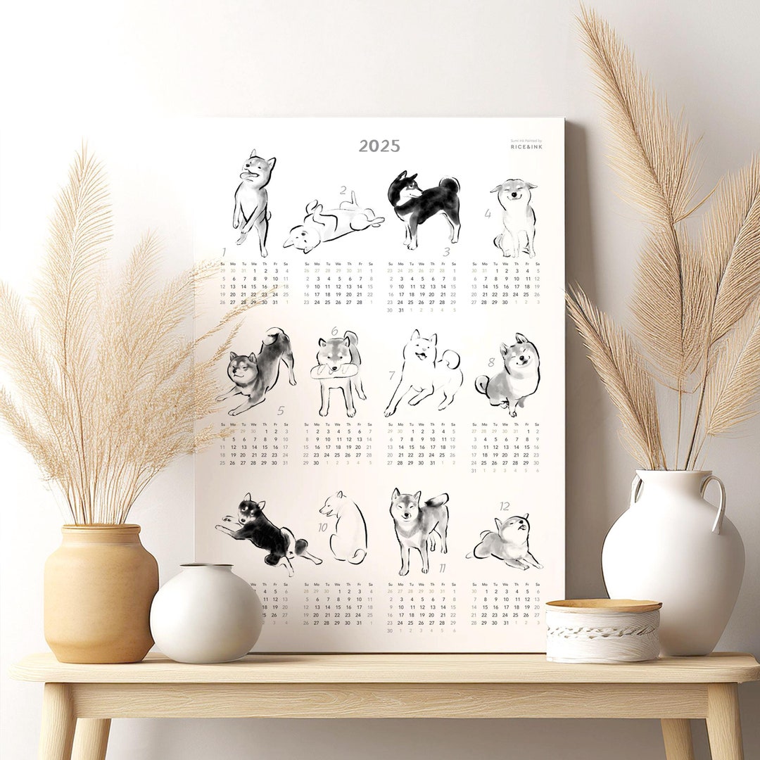 2025 Shiba Inu Hand-drawn Calendar, Sumi-e Ink Wall Art New Years ...