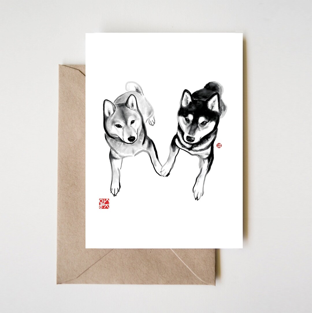 Shiba Inu Lovers Card, Sumi E Painting Ink Wash Illustration Cute ...