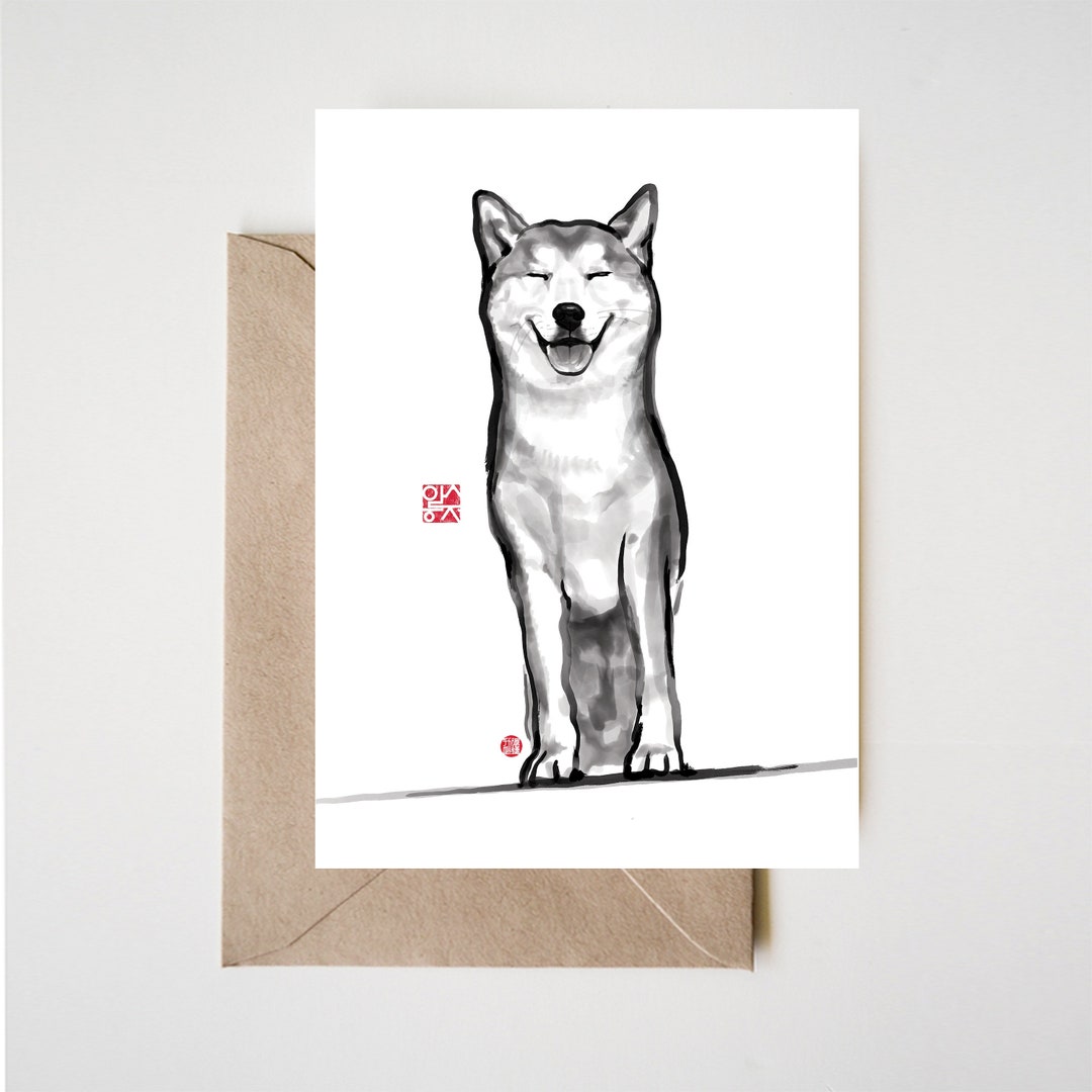 Happy Shiba Inu Card, Sumi-e Painting Ink Illustration Cozy Cute ...