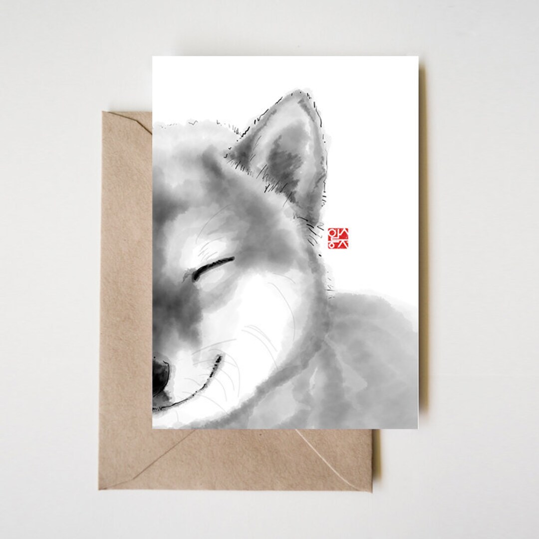 Smiling Shiba Face Greeting Card, Unique Sumi-e Painting Print Animal ...
