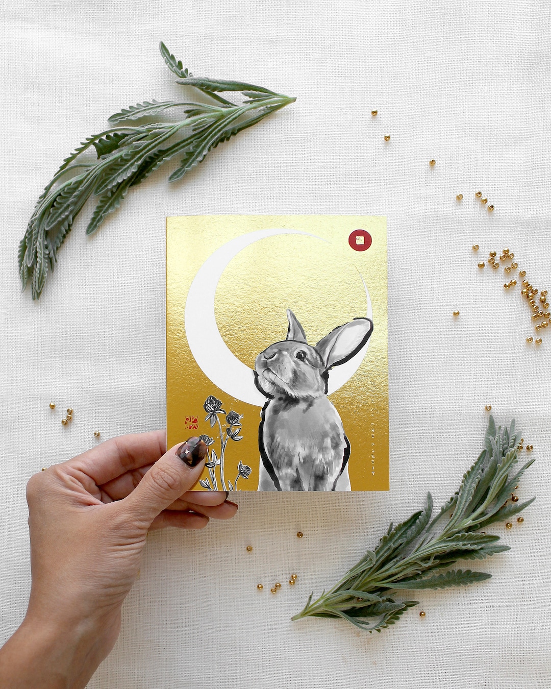 Year of Rabbit Gold Moon Zodiac Greeting Card, Chinese Letters Inspired ...