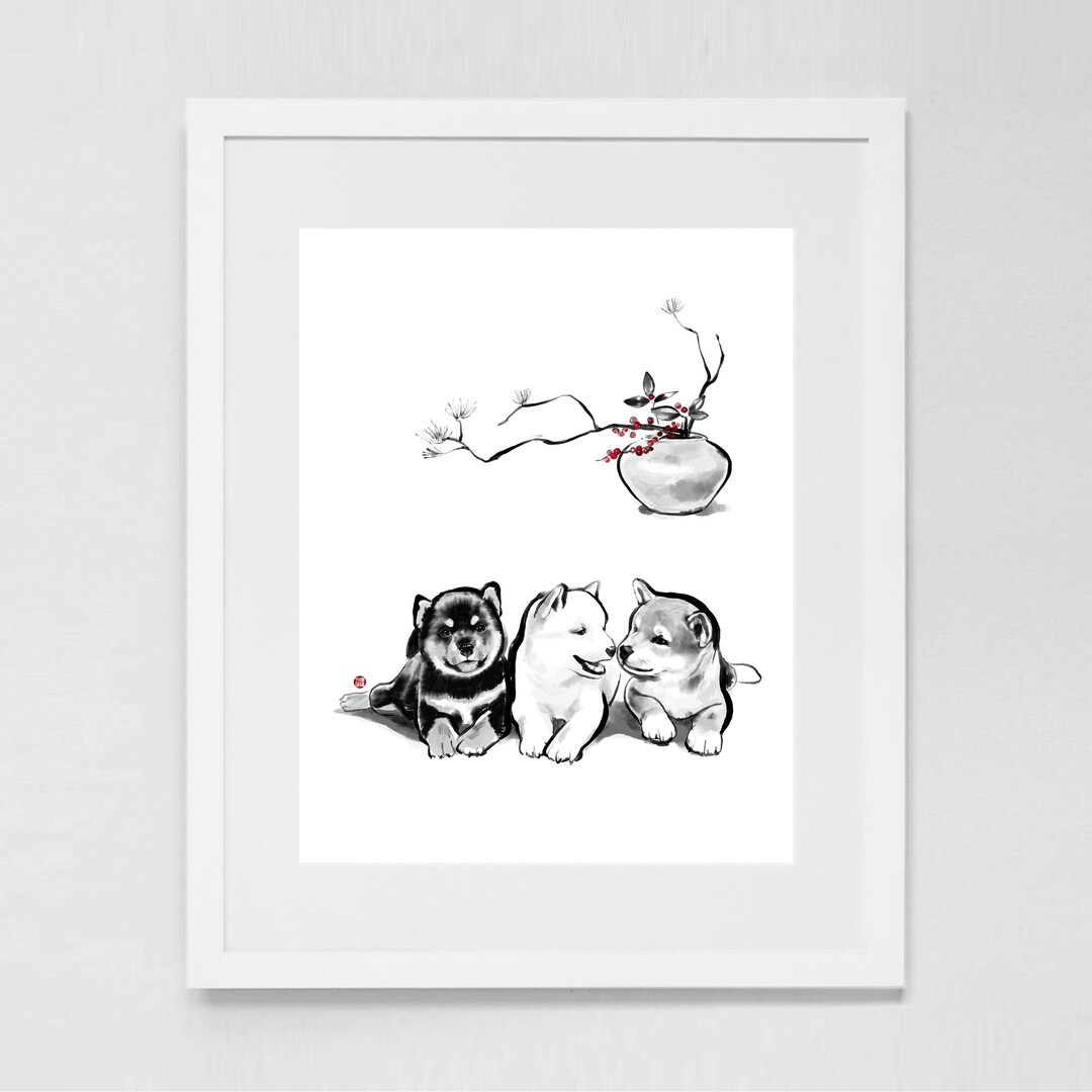 Shiba Puppies & Holly Art Print, December Birth Month Flowers Winter ...