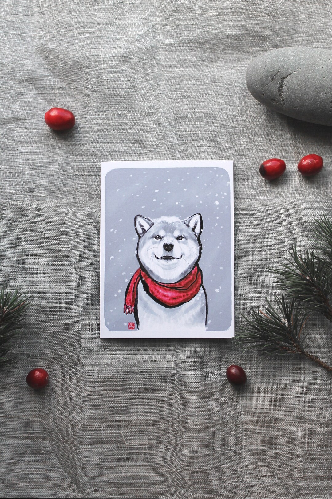 Shiba Inu Red Scarf Greeting Card, December Birth Month Snow Winter ...