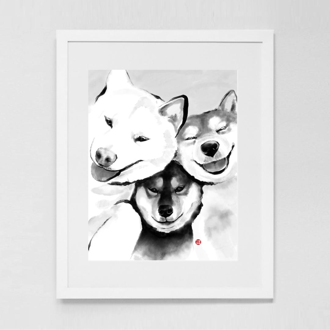 Three Peas in a Pod Shiba Inu Art Print | Sumi-e Ink Painting Pet ...