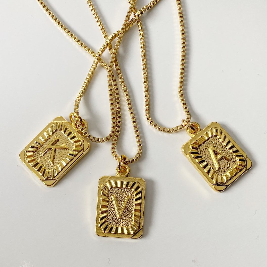 Initial Necklace/ Gold Rectangle Initial Charm Necklace/ Hand Stamped ...