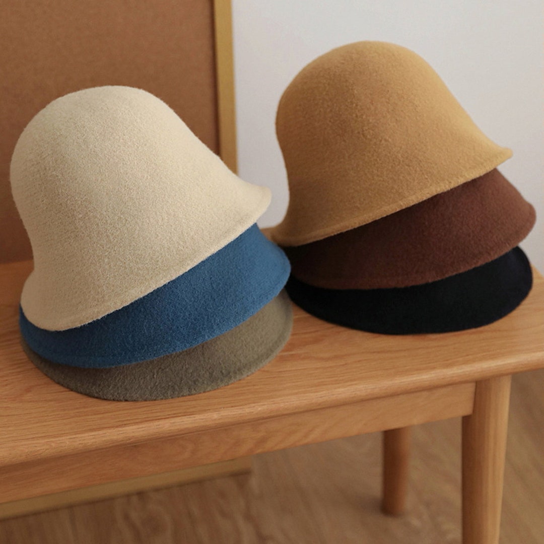 Black Simple Woolen Bucket Hat Women and Men Bucket Hat Fall Winter ...
